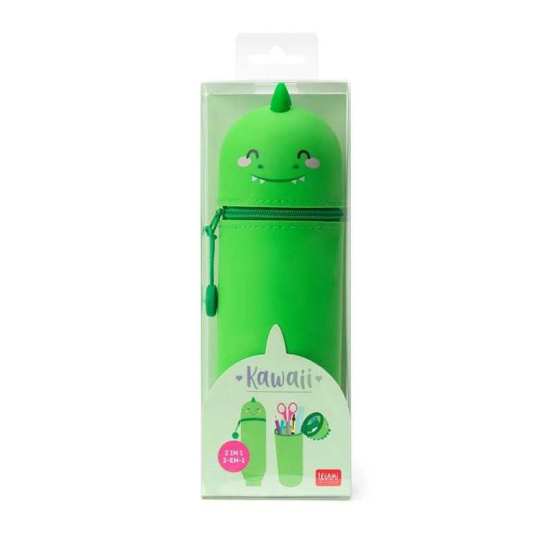 ASTUCCIO 2 IN 1 dinosauro KAWAII con zip VERDE legami IN SILICONE
